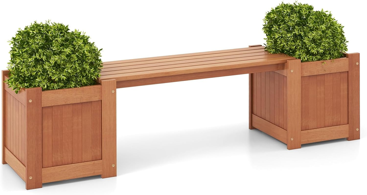 2-in-1 Outdoor Planter Box with Bench, Outdoor Bench with 2 Raised ...