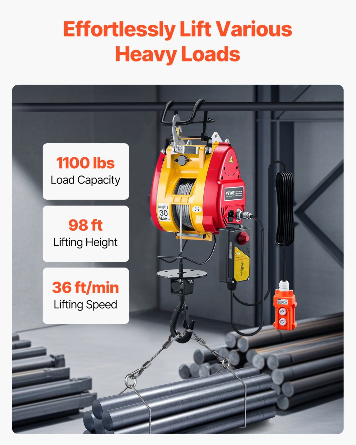 2-in-1 Portable Electric Hoist Winch 1100LBS Wired/Wireless Remote ...