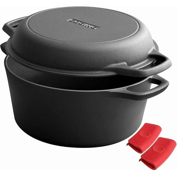 2-in-1 Pre-Seasoned Cast Iron Dutch Oven Pot with Skillet Lid Cooking ...
