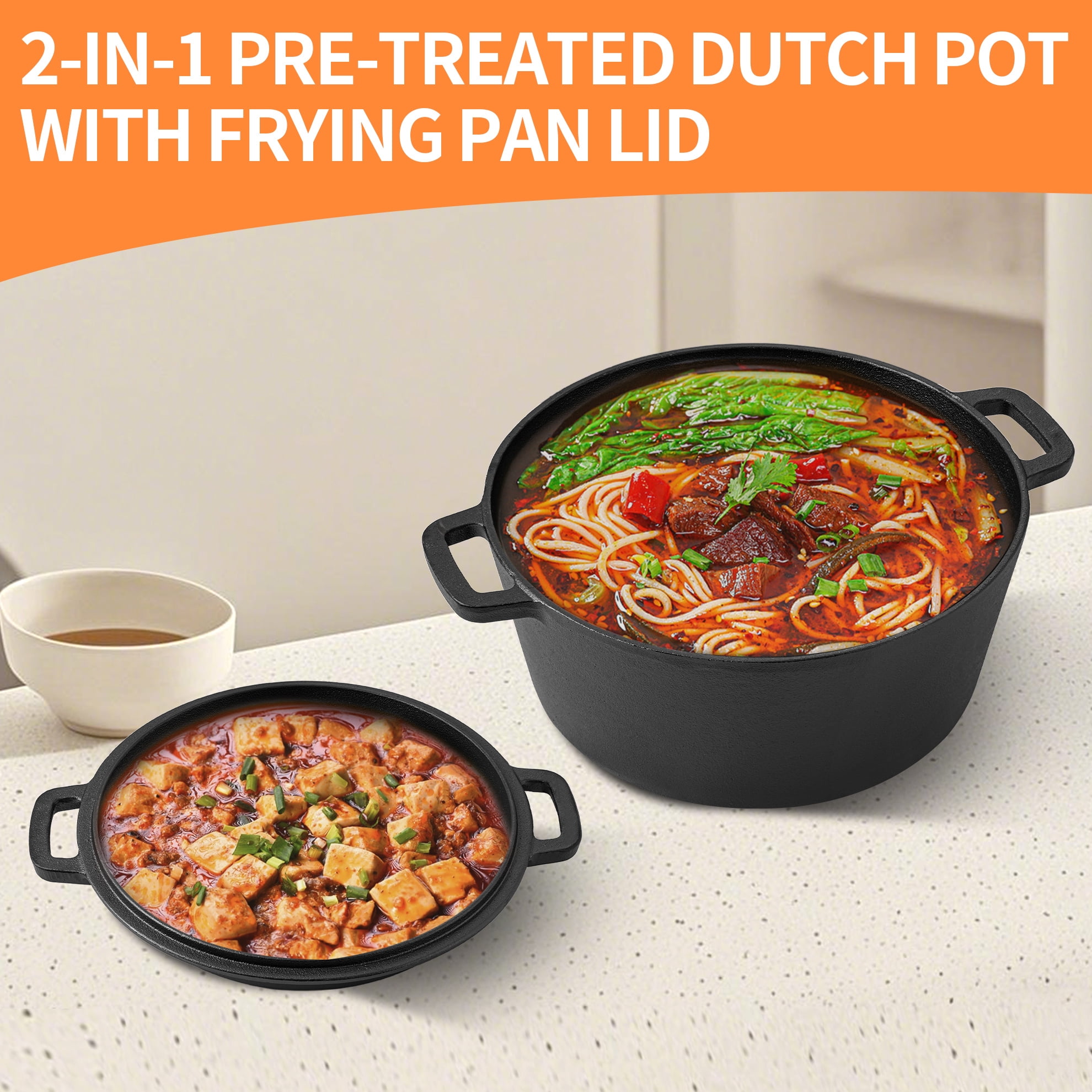 2-in-1 Pre-Seasoned Cast Iron Dutch Oven Pot with Skillet Lid Cooking ...