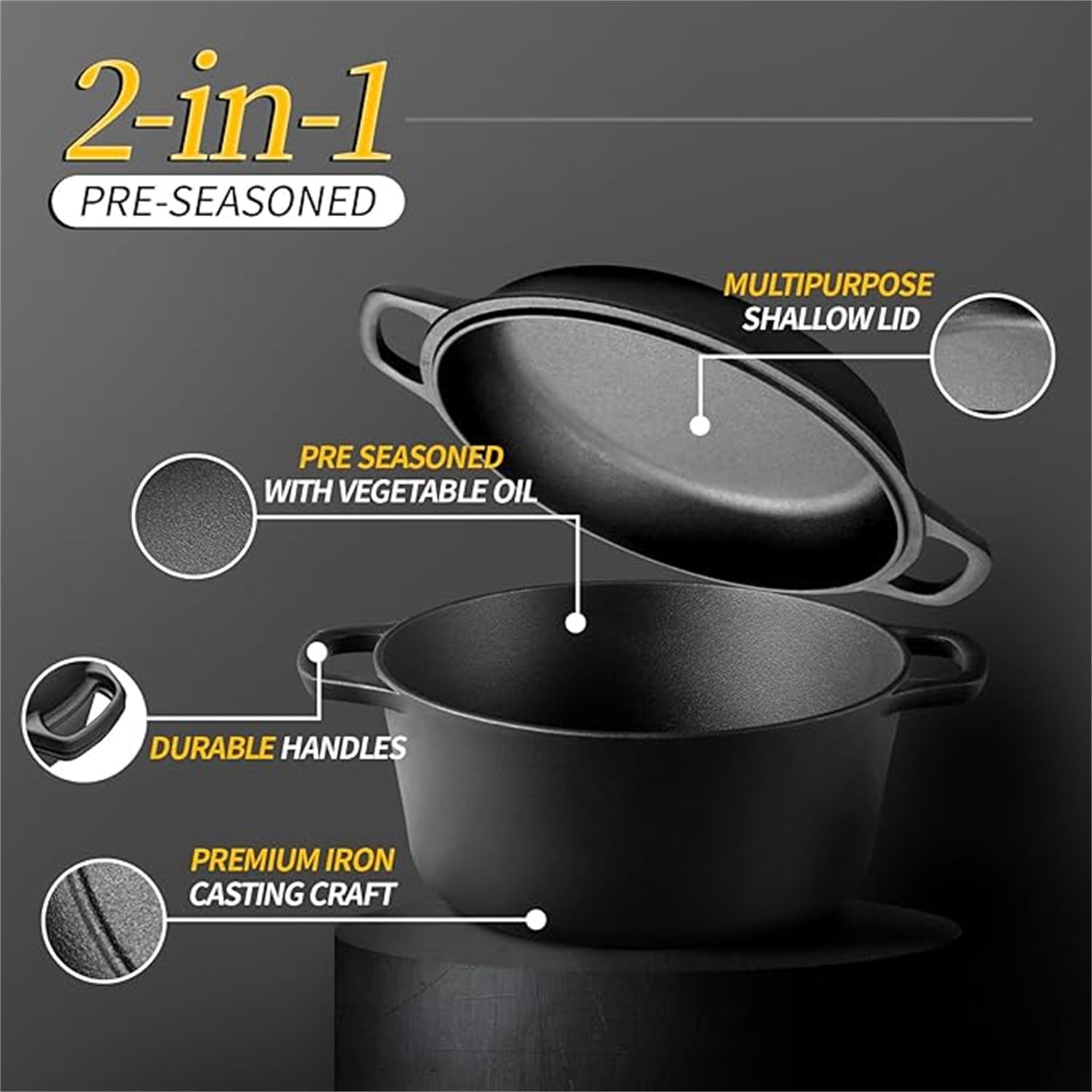 2-in-1 Pre-Seasoned Cast Iron Dutch Oven Pot with Skillet Lid Cooking ...