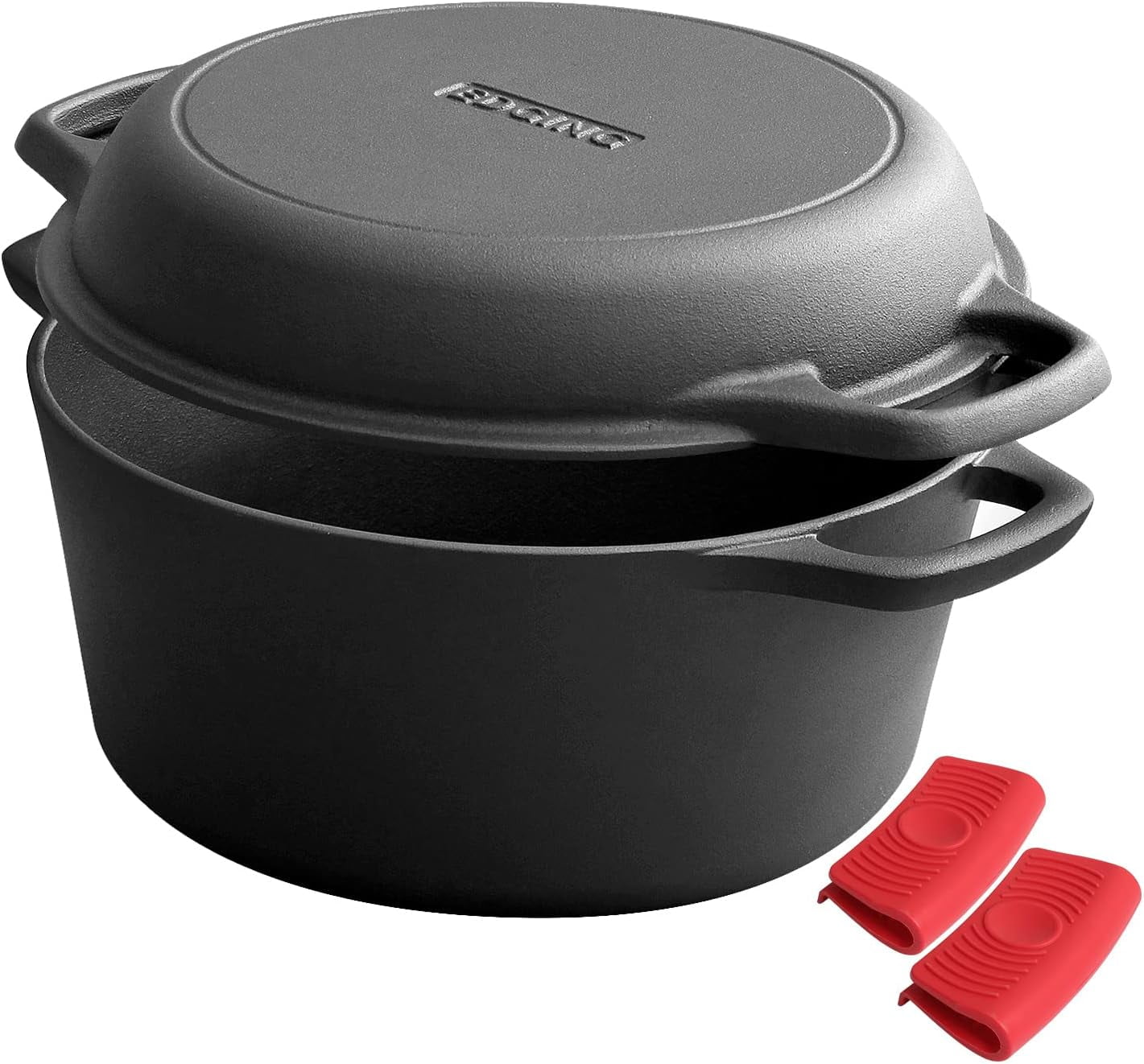 2-in-1 Pre-Seasoned Cast Iron Dutch Oven Pot with Skillet Lid Cooking ...