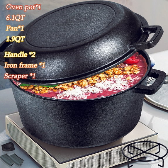 2-in-1 Pre-Seasoned Cast Iron Dutch Oven Set, 6.1QT Deep Pot & 1.9QT ...