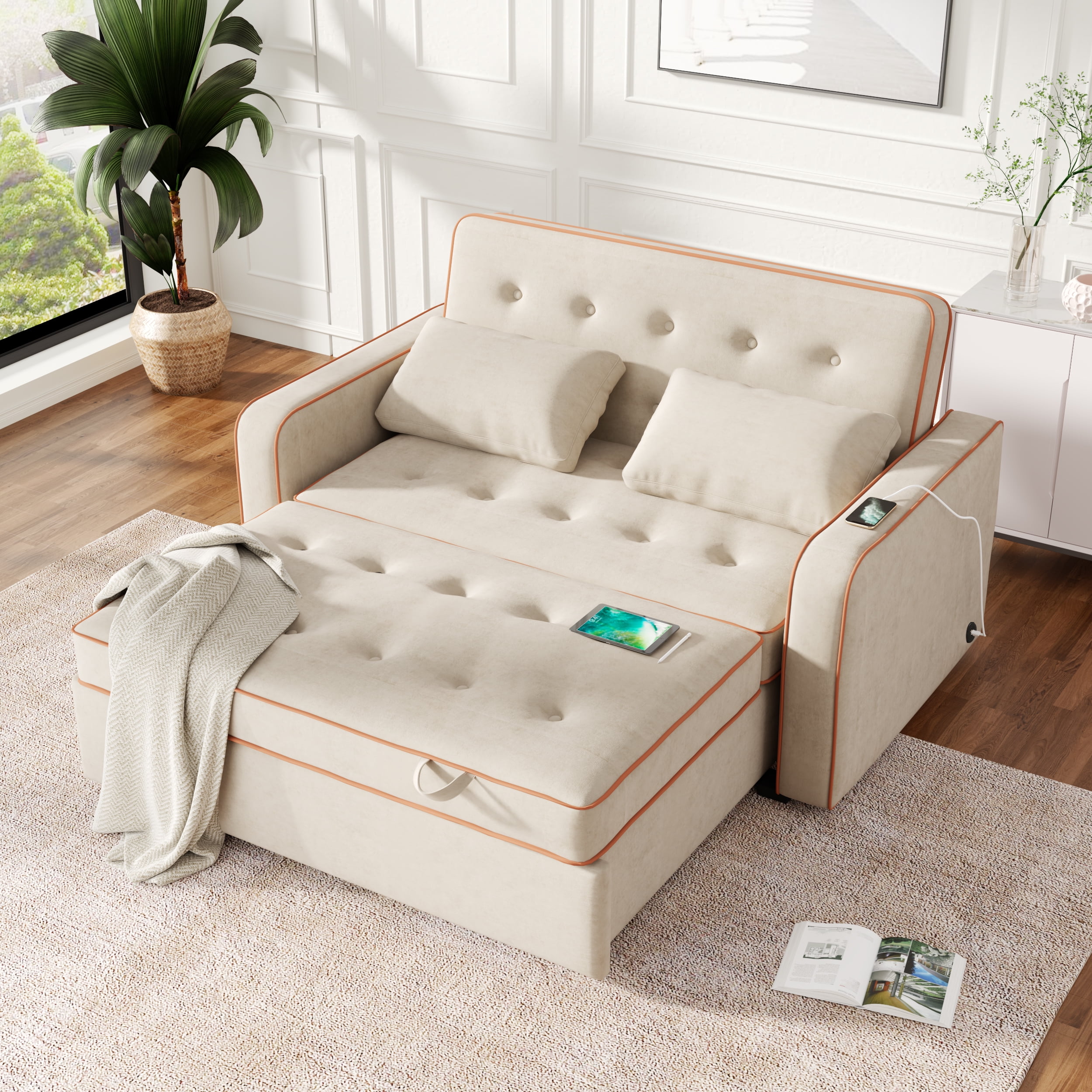 2-in-1 Pull Out Sofa Bed Couch, Velvet Upholstered Sleeper Bed attached ...