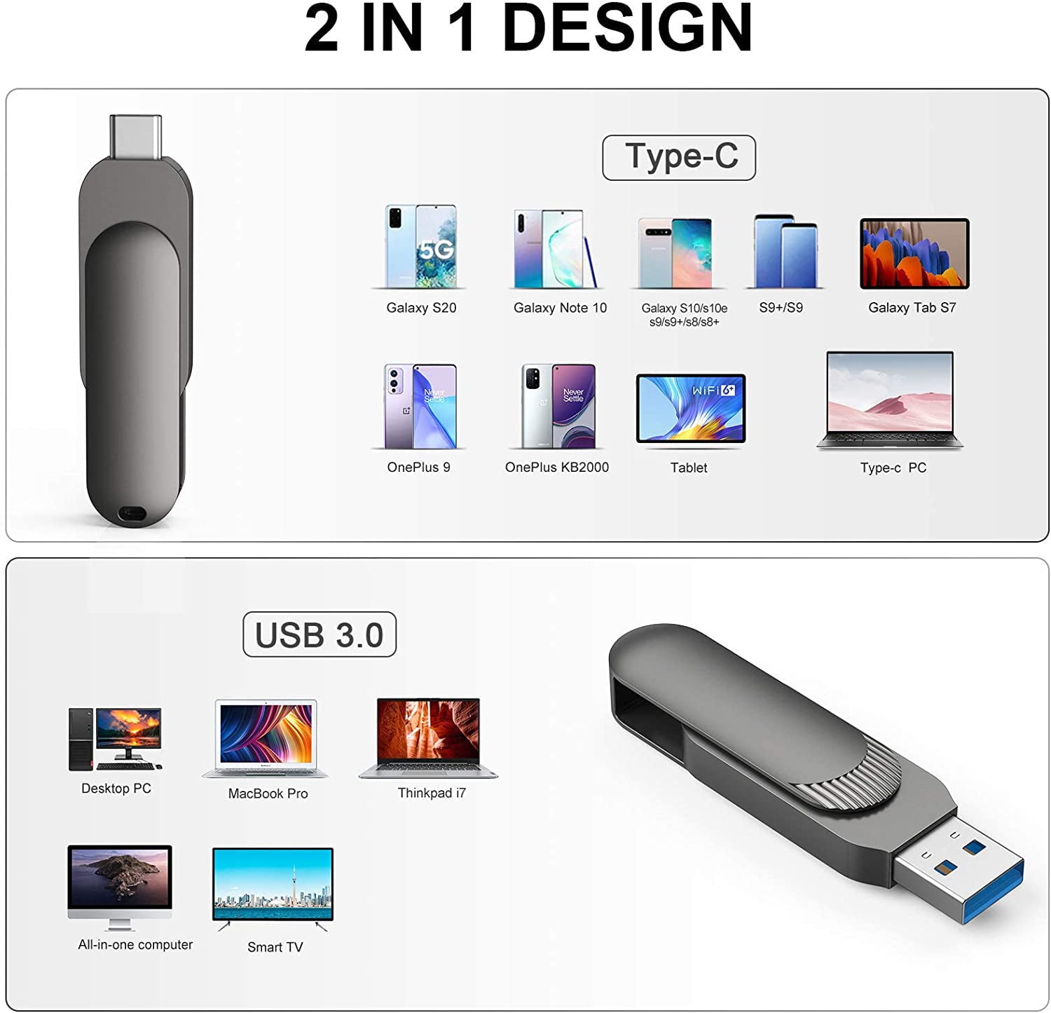 Aiibe 128GB 2-in-1 USB C Flash Drive, OTG USB 3.0, Android Compatible ...