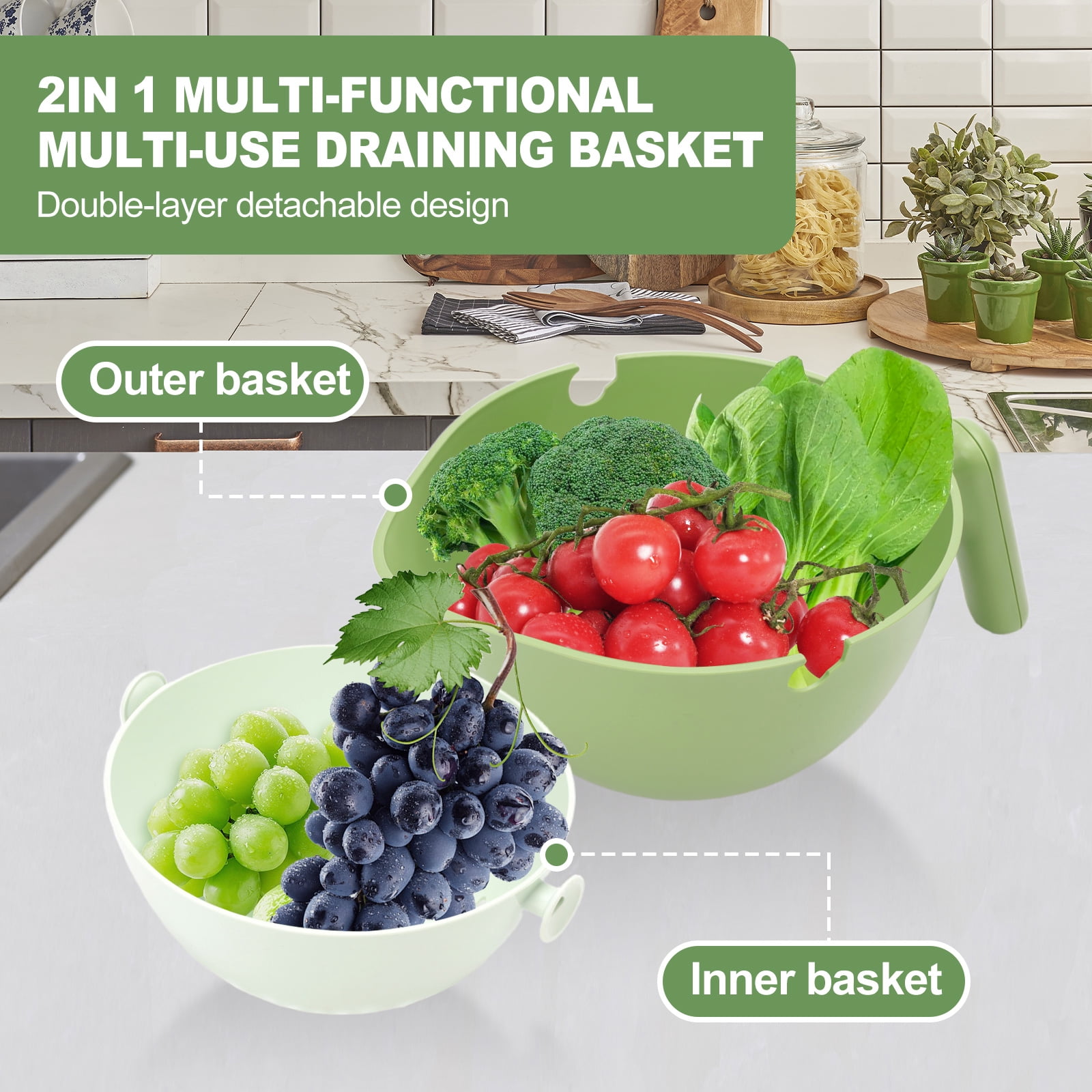 2-in-1 Rotating Drain Basket, Double-Layer Kitchen Tool for Fruits ...