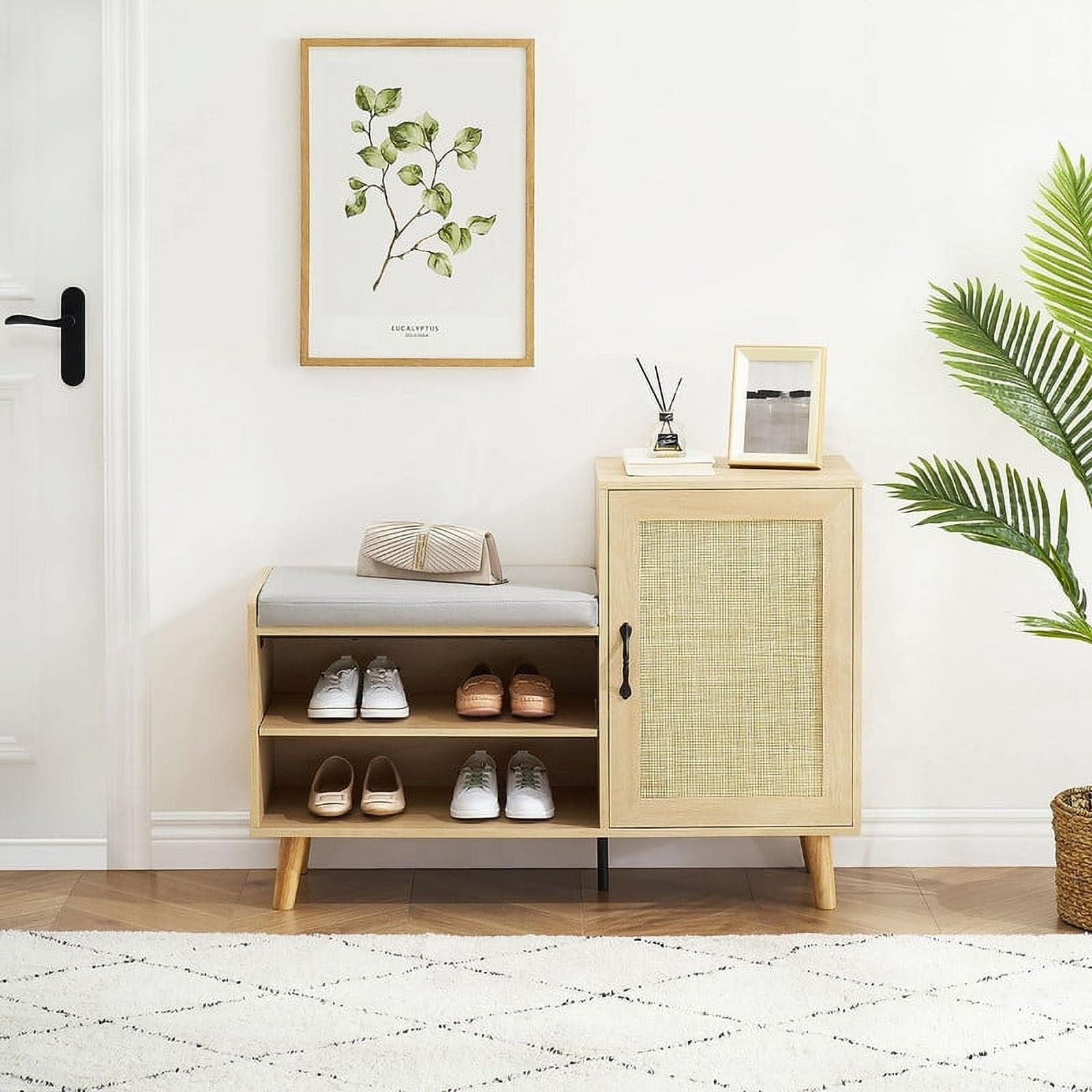 2-in-1 Shoe Storage Bench Natural Rattan with Padded Seat and ...