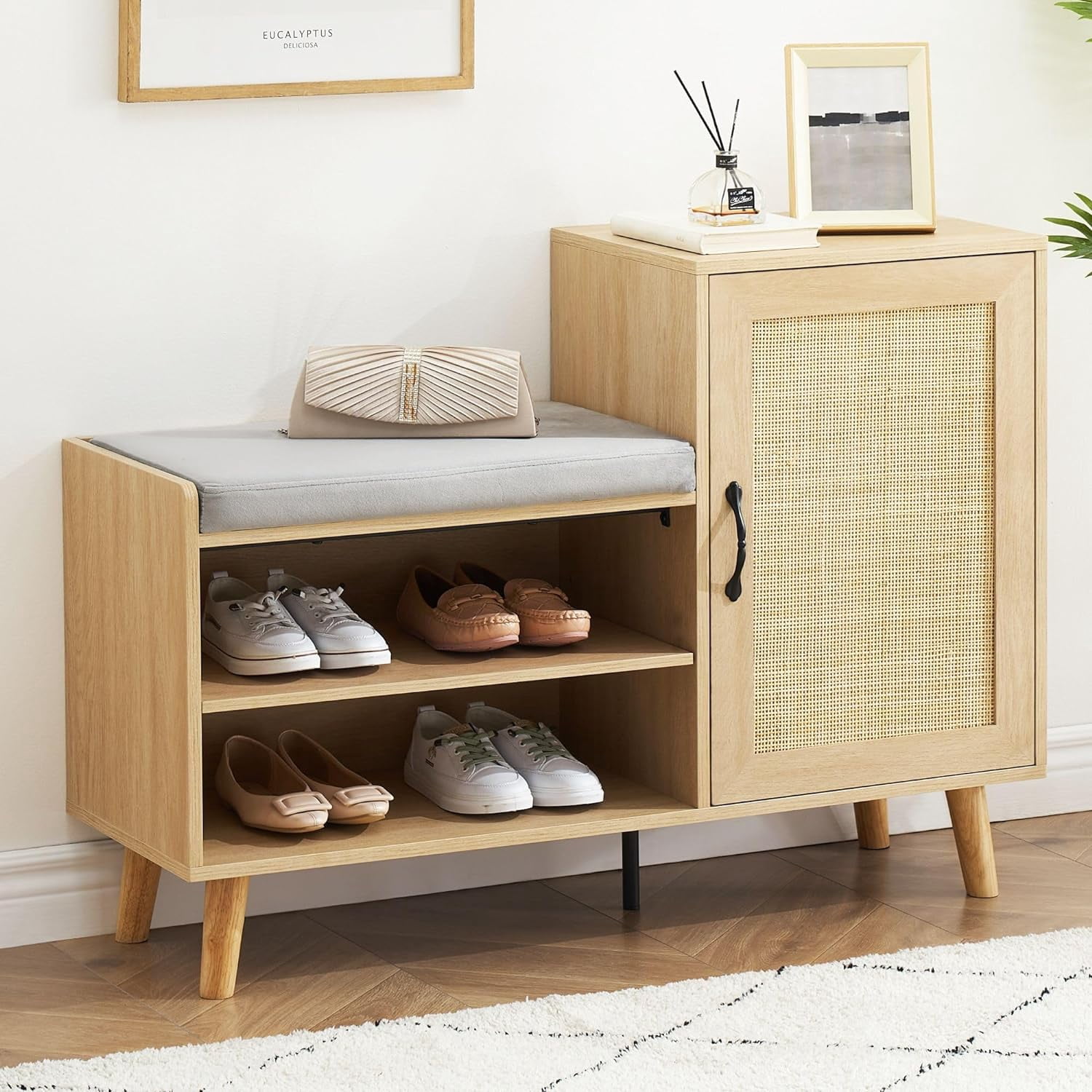2-in-1 Shoe Storage Bench,Rattan Shoe Storage Cabinet,Modern Shoe Rack ...