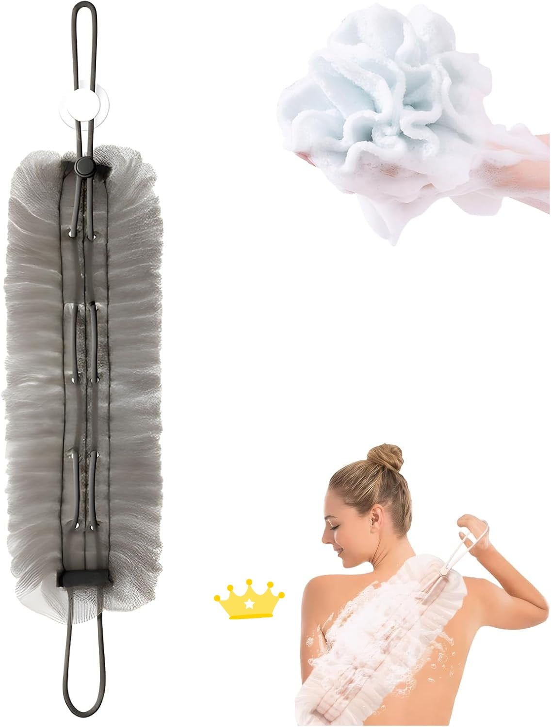 2-in-1 Shower Pouf & Back Scrubber, Exfoliating Back Scrubber, Long ...