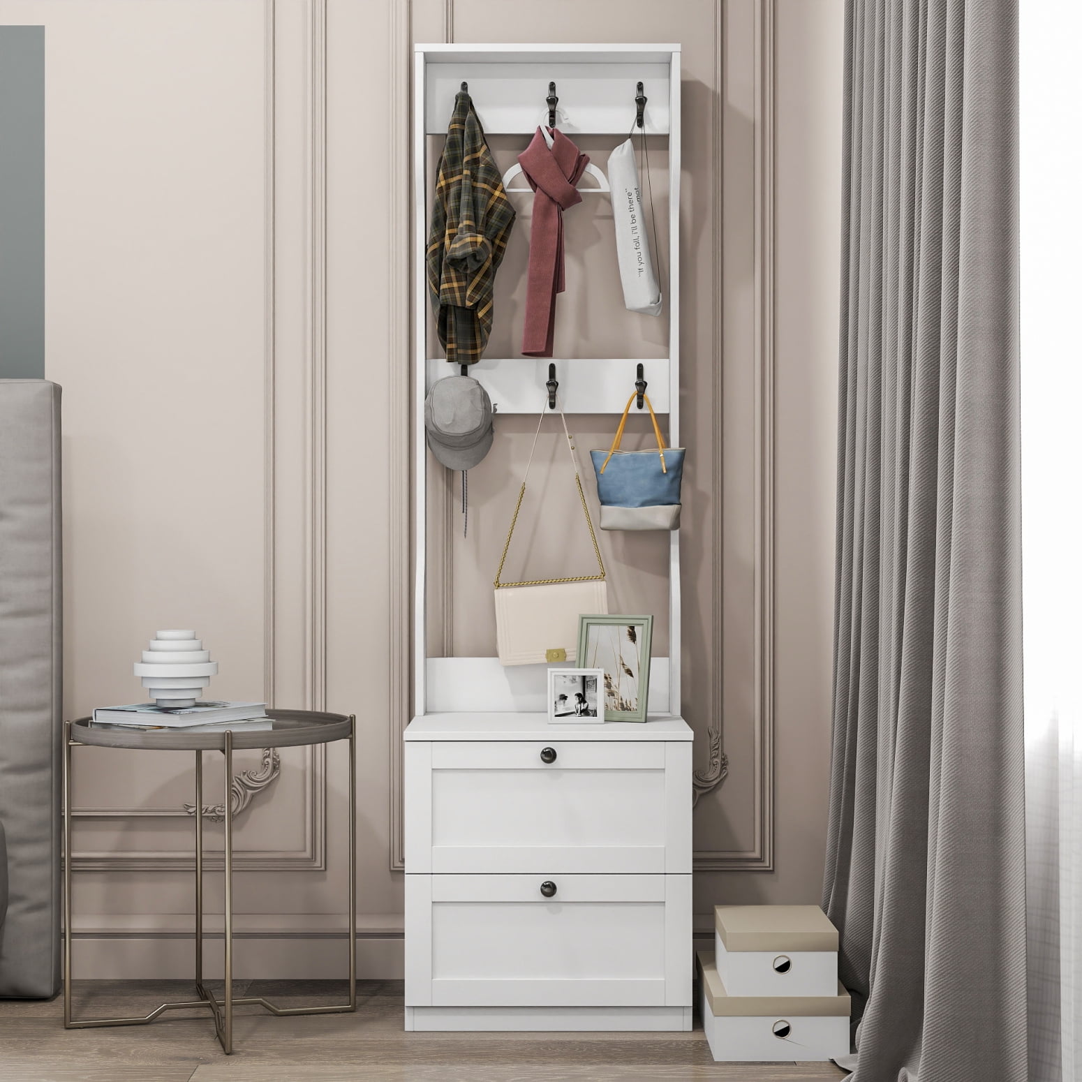 2-in-1 Space-Saving Coat Rack & Nightstand with Drawers & Hooks ...