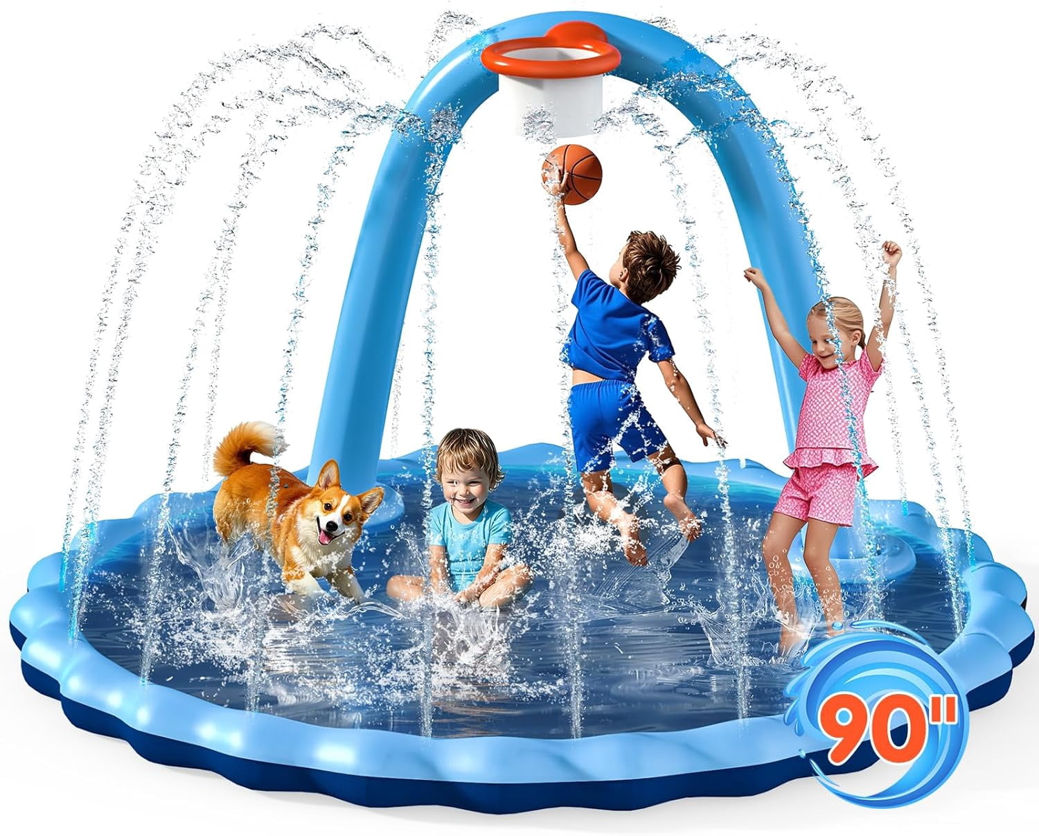 2-in-1 Splash Pad for Kids & Dogs, 90" Outdoor Water Sprinkler with ...