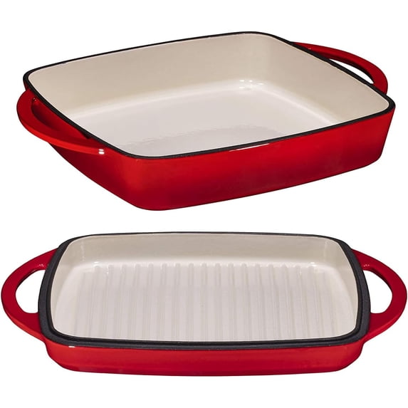2-in-1 Square Enamel Cast Iron Dutch Oven Baking Pan with Handles ...