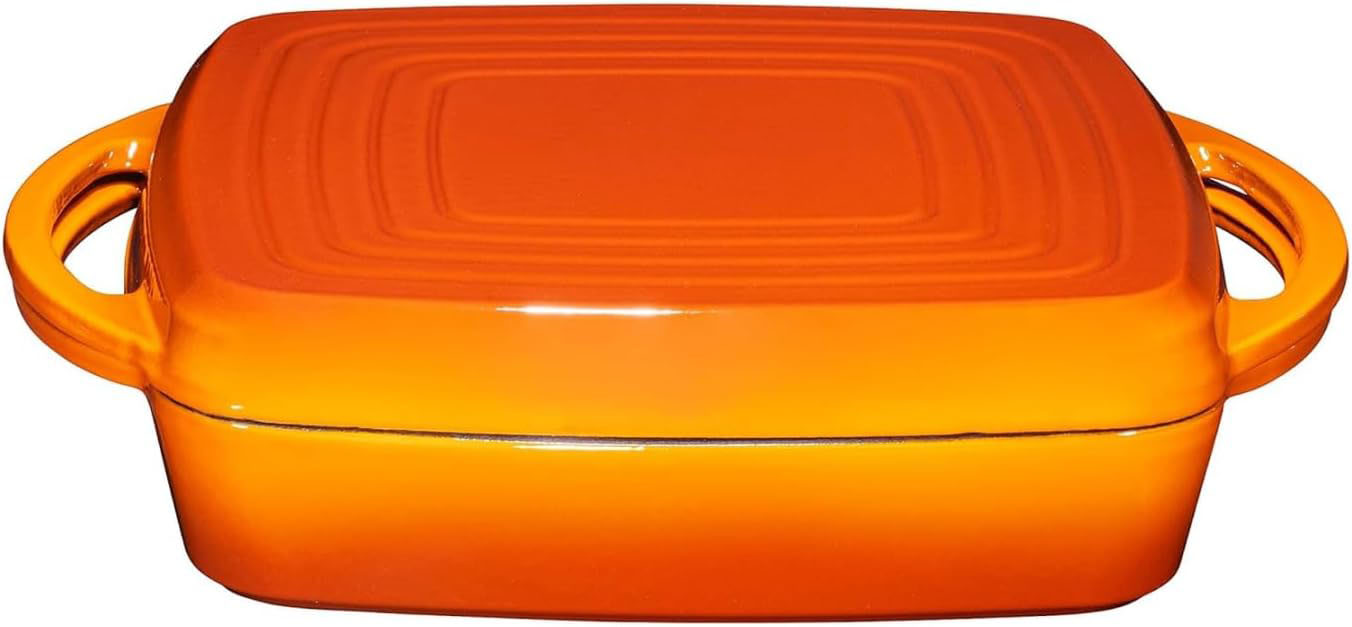 2-in-1 Square Pumpkin Spice Cast Iron Dutch Oven With Handles, Enamel ...