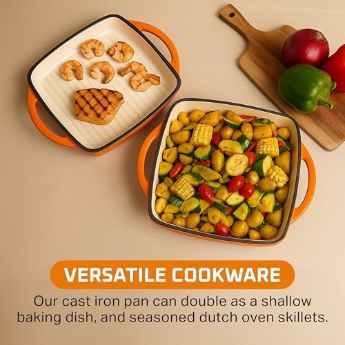 2-in-1 Square Pumpkin Spice Cast Iron Dutch Oven With Handles, Enamel ...