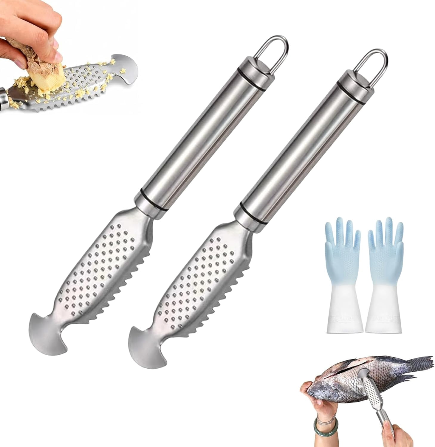 2‑in‑1 Stainless Steel Fish Scaler & Ginger Garlic Grater, Professional ...