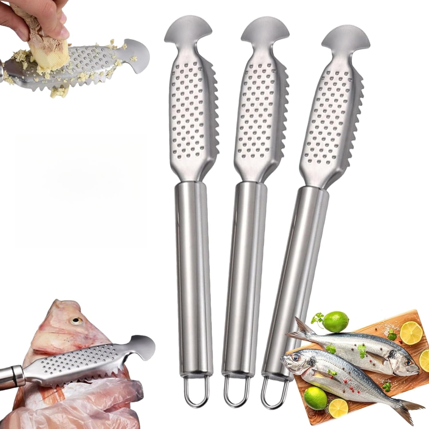 2-in-1 Stainless Steel Fish Scaler + Ginger Grater, 9 Inch Fish Scale ...