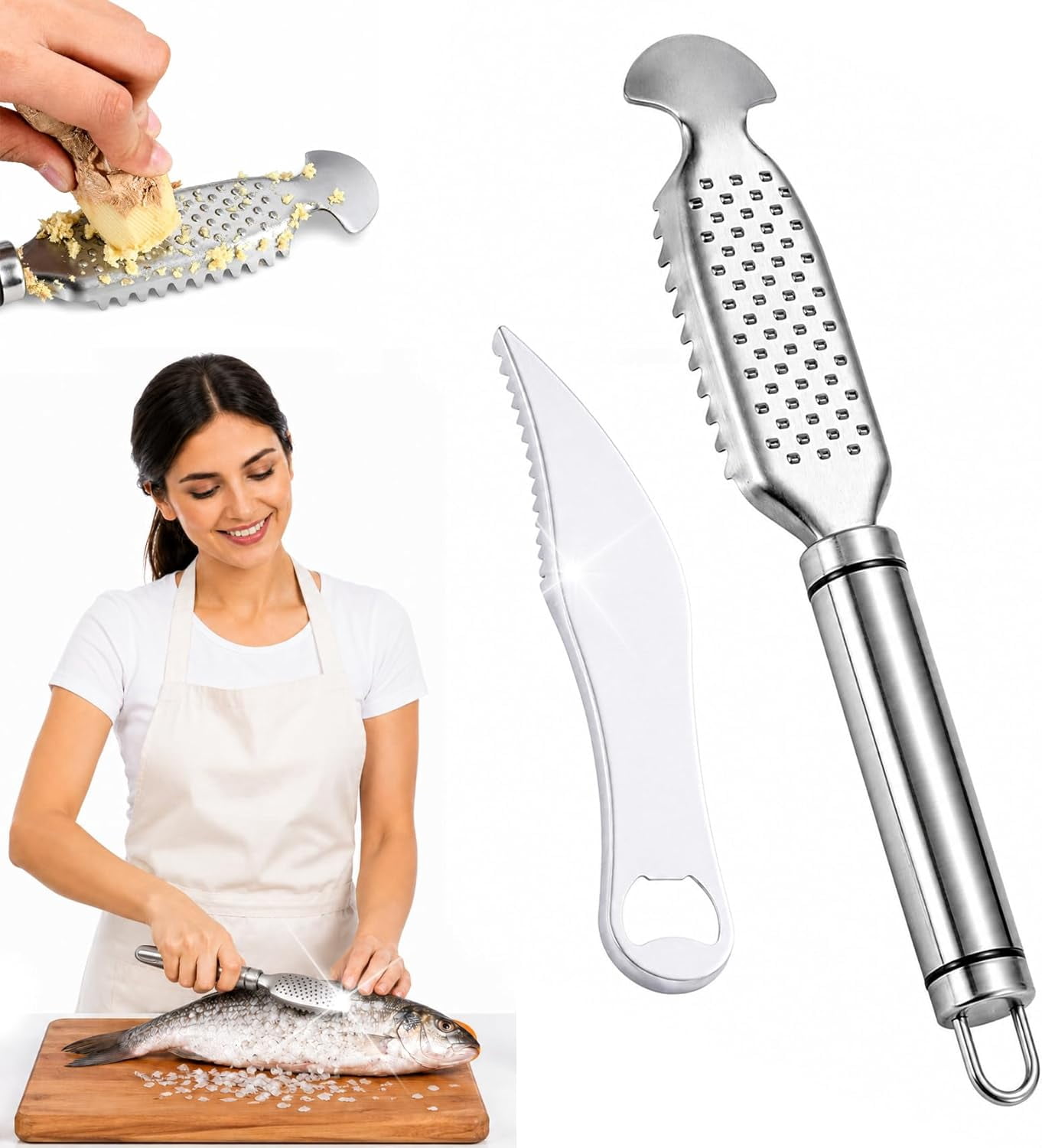 2-in-1 Stainless Steel Fish Scaler + Ginger Grater, Professional Fish ...