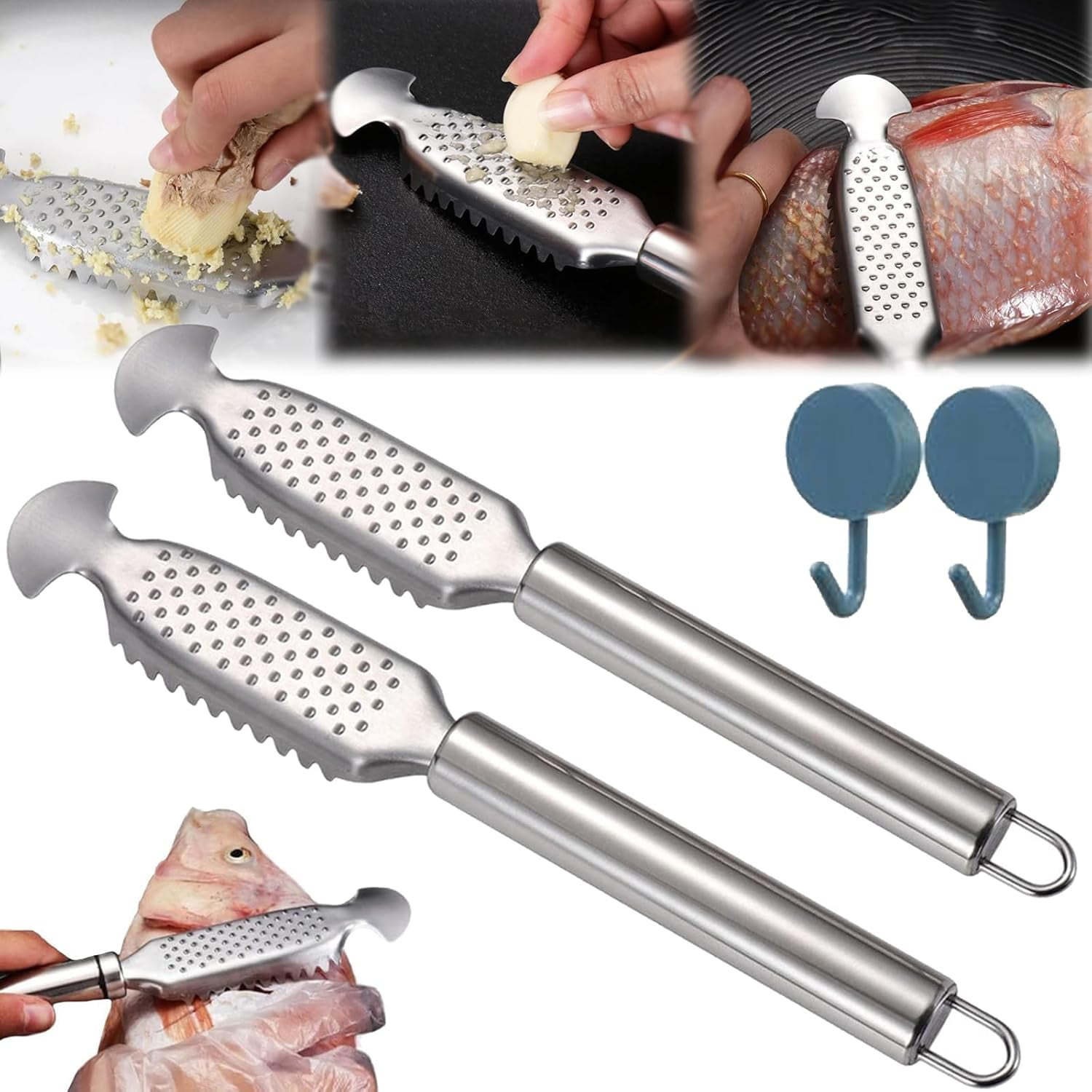 2-in-1 Stainless Steel Fish Scaler + Ginger Grater, Stainless Steel ...