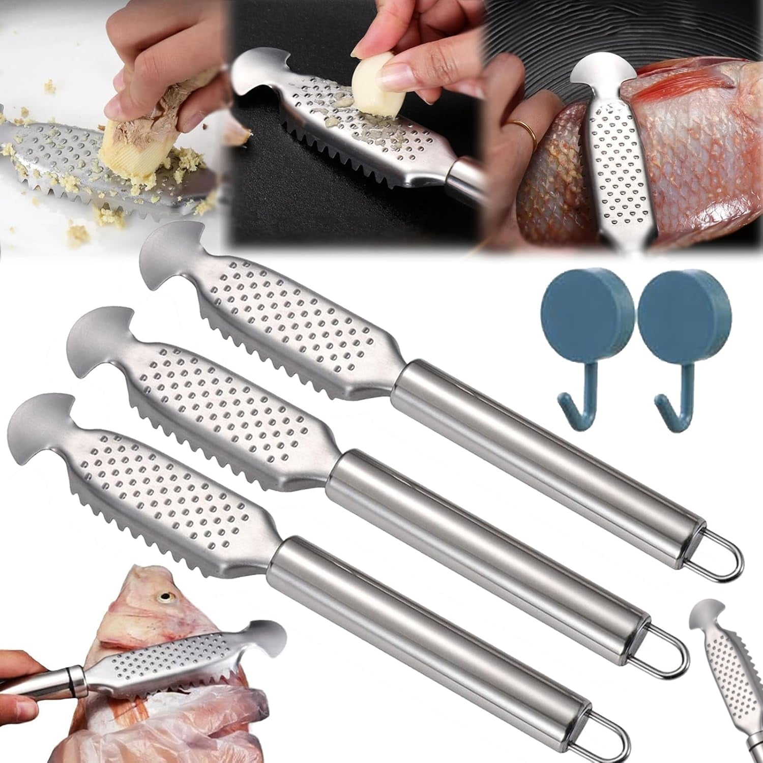 2-in-1 Stainless Steel Fish Scaler + Ginger Grater, Stainless Steel ...