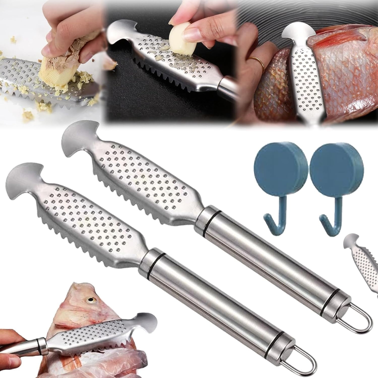 2-in-1 Stainless Steel Fish Scaler + Ginger Grater, Stainless Steel ...