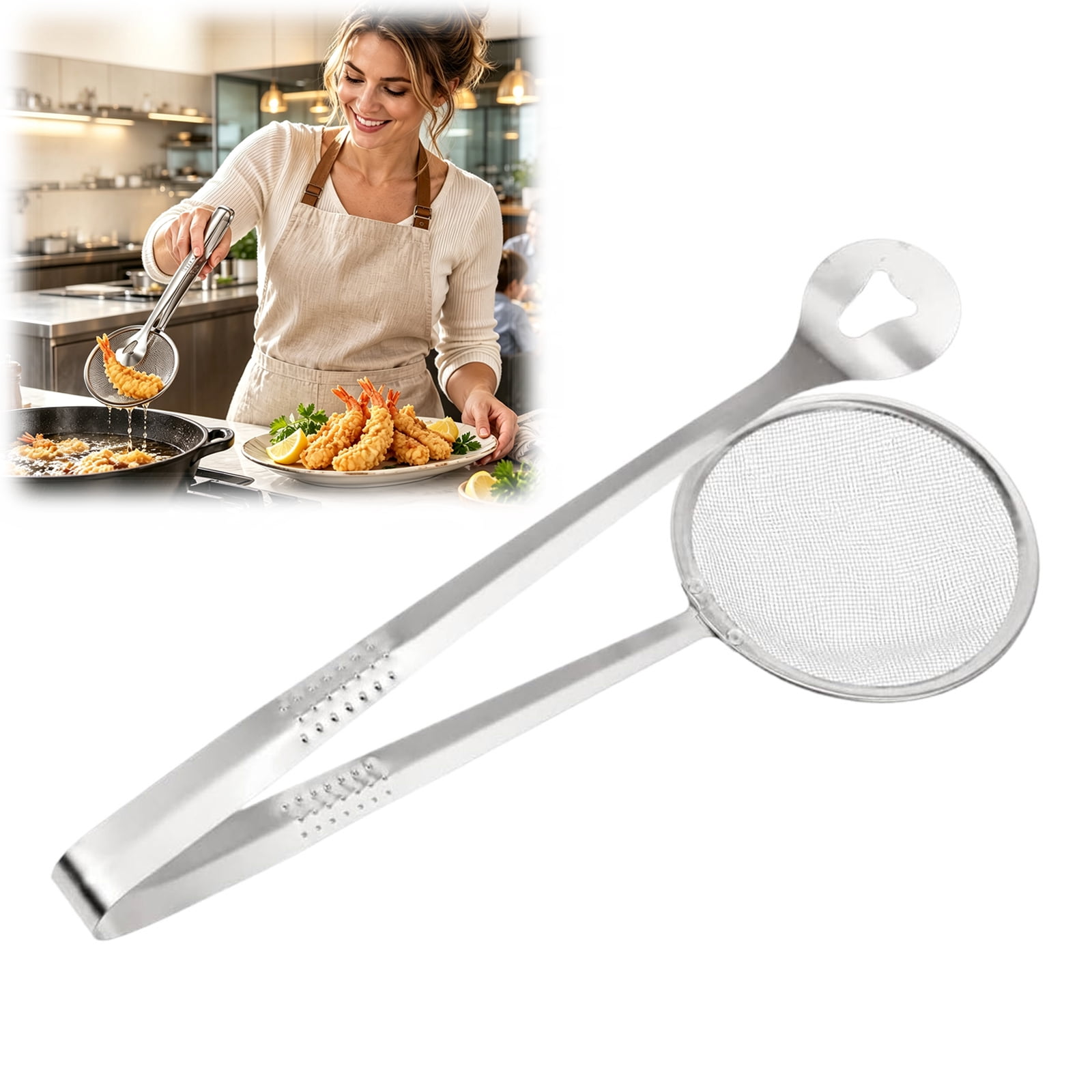 2-in-1 Stainless Steel Food Tongs & Oil Strainer – Fine Mesh Frying ...