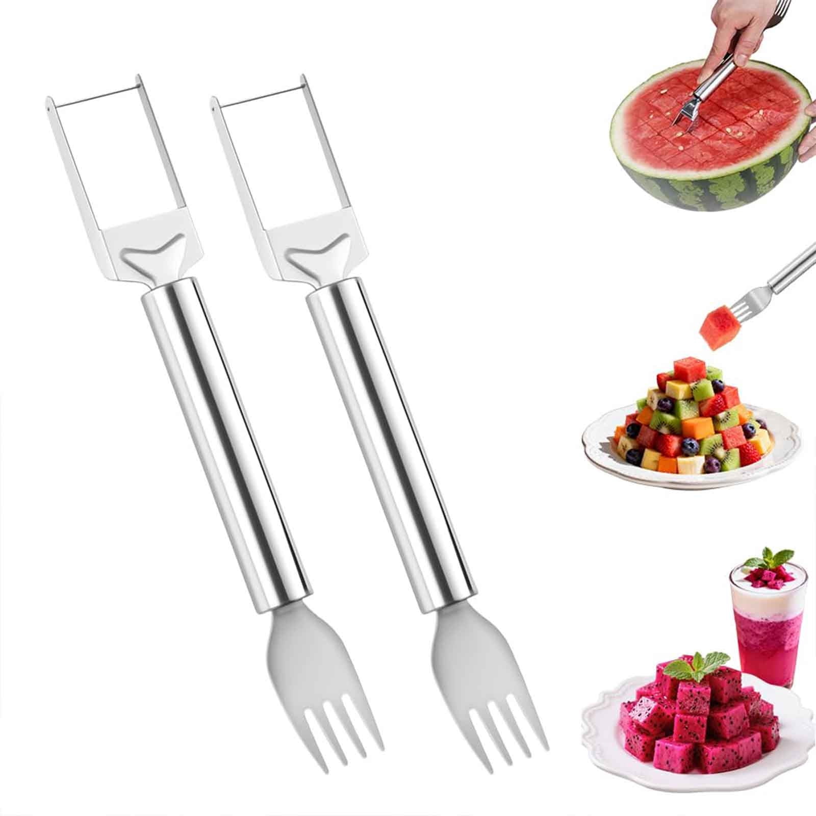 2-in-1 Stainless Steel Fruit Cutter with Fork, Ergonomic Round Handle ...