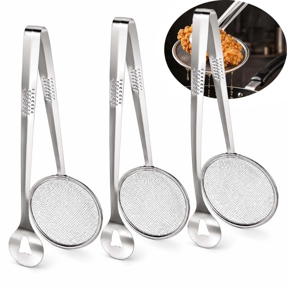 2-in-1 Stainless Steel Frying Tongs - Fine Mesh Oil Strainer for Fried ...