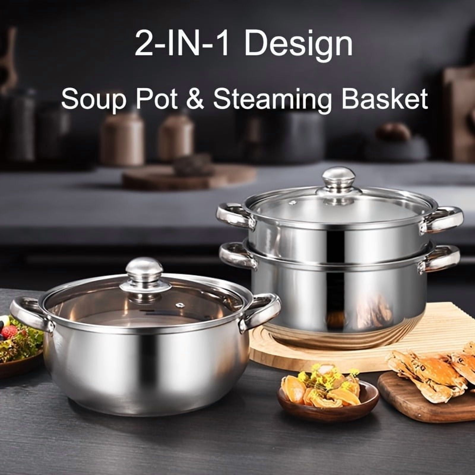 2-in-1 Stainless Steel Steamer & Soup Pot - 9.45" Double Layer with ...