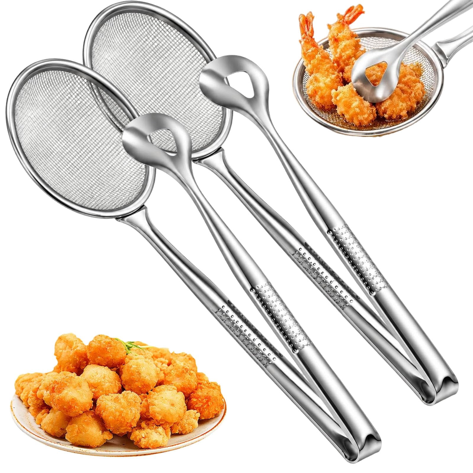 2-in-1 Stainless Steel Strainer Tongs, Fine Mesh Deep Frying Food Clip ...