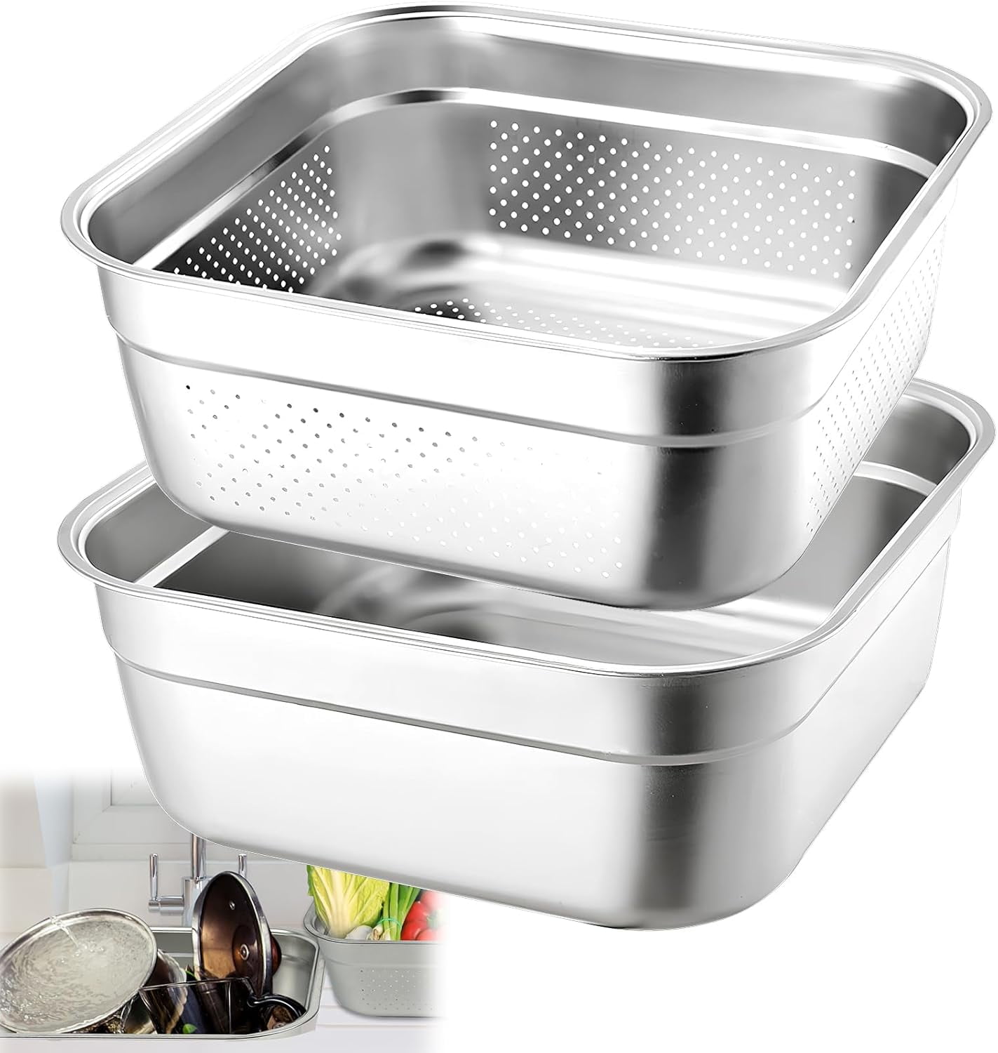 2-in-1 Stainless Steel Washing Up Bowl Set, 12.8" Sturdy Square Dish ...