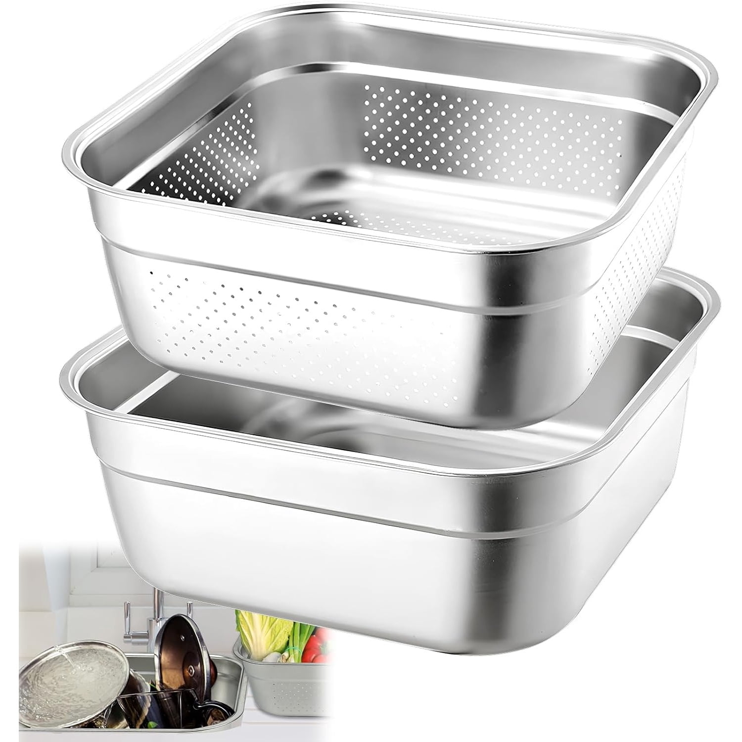 2-in-1 Stainless Steel Washing Up Bowl Set, Sturdy Square Dish Tub with ...