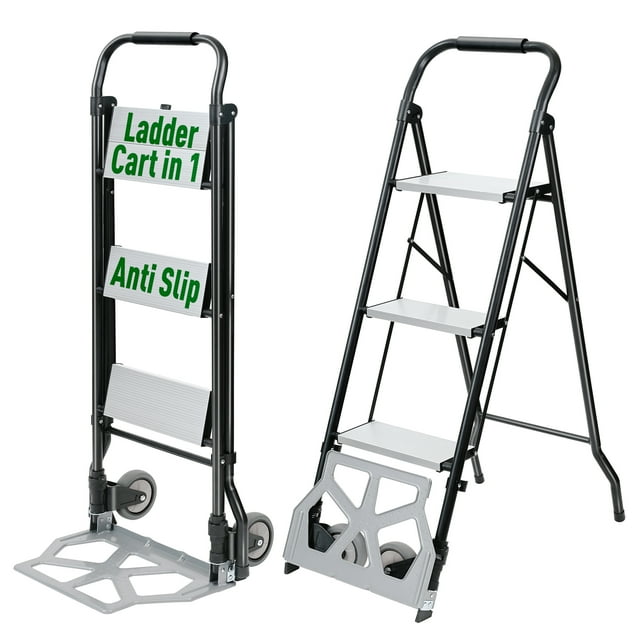 2 in 1 Step Ladder & Hand Truck,Aluminum 3 Step Stool,Folding Ladder ...