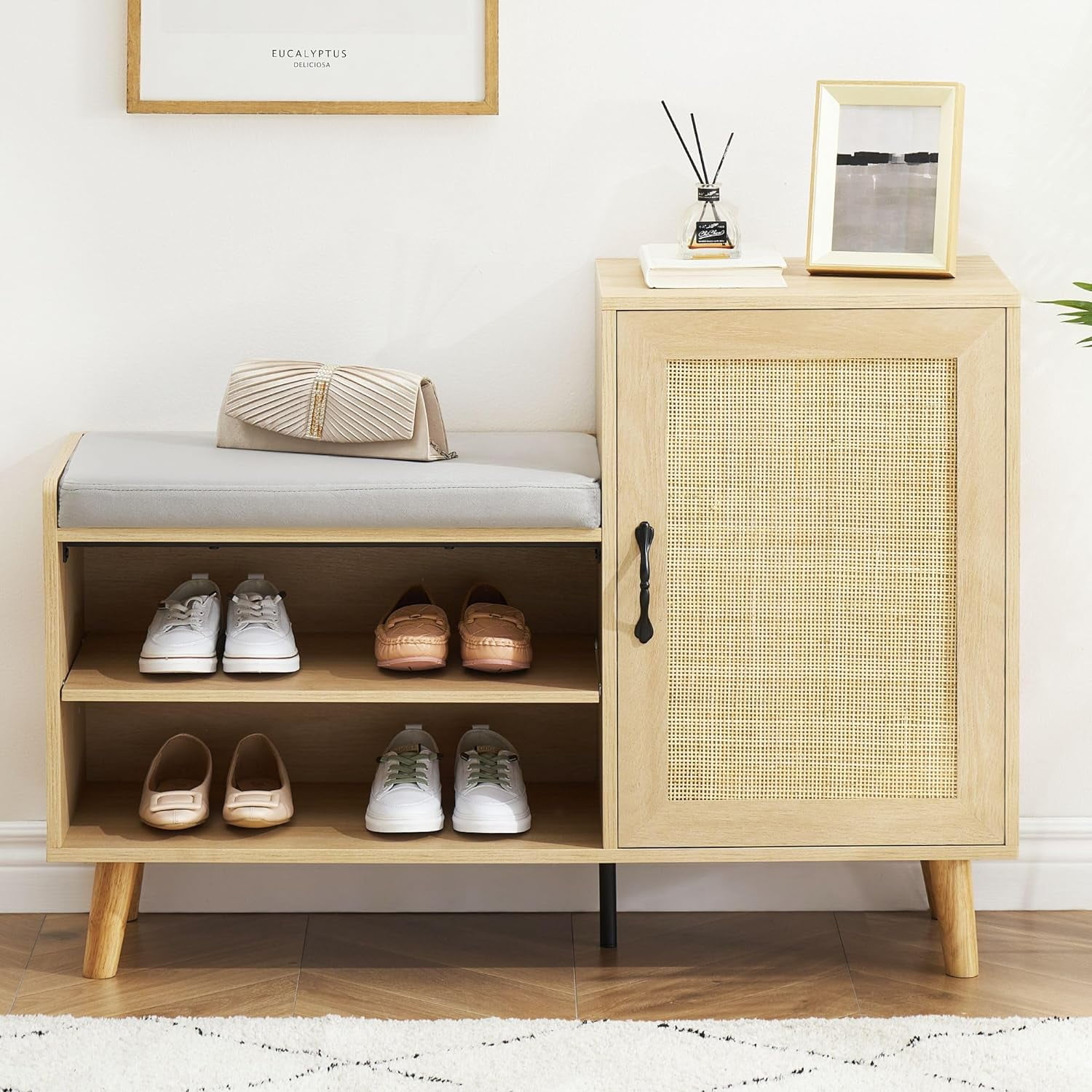 2-in-1 Storage Shoe Bench, Natural Rattan Shoe Cabinet with 3 ...