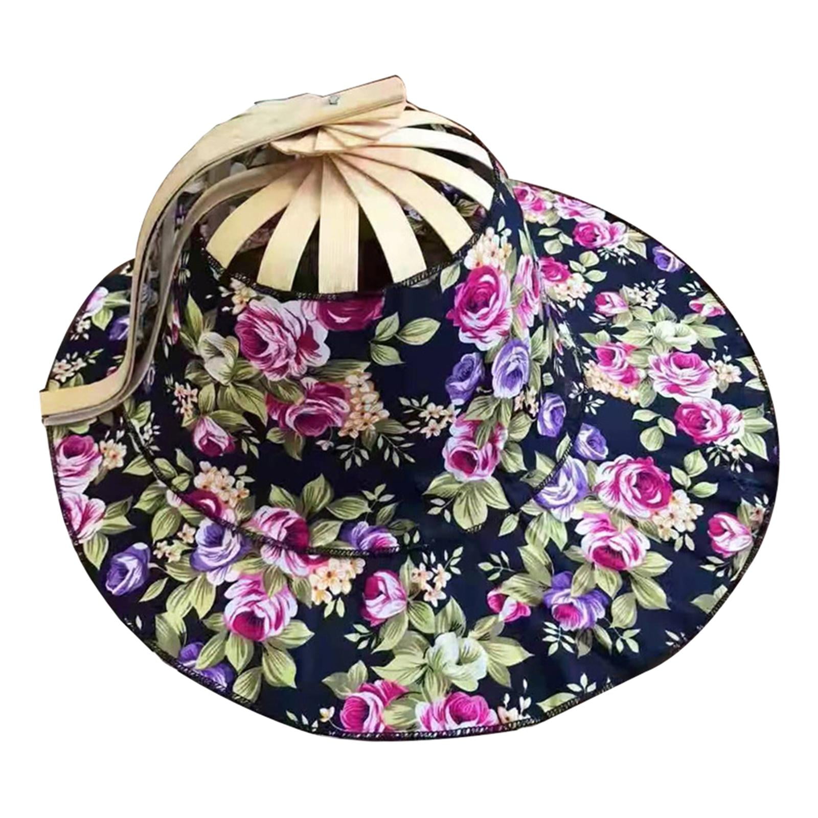 2 in 1 Sunhat Foldable Bamboo Hand Fan Floral Sunscreen Cap for ...