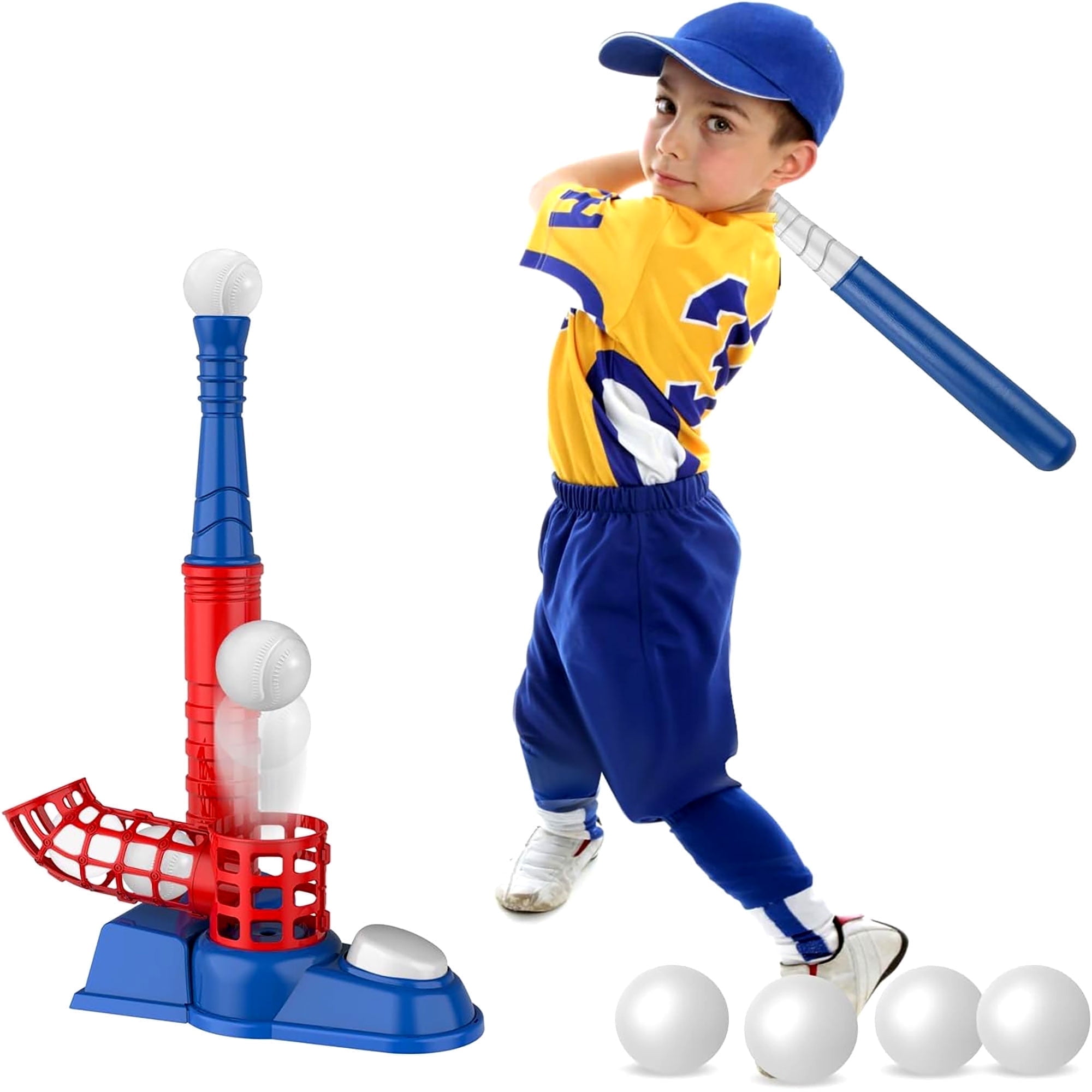 Muzhda 2-in-1 T Ball Set with 14 Balls – Step-On Pitching Machine ...