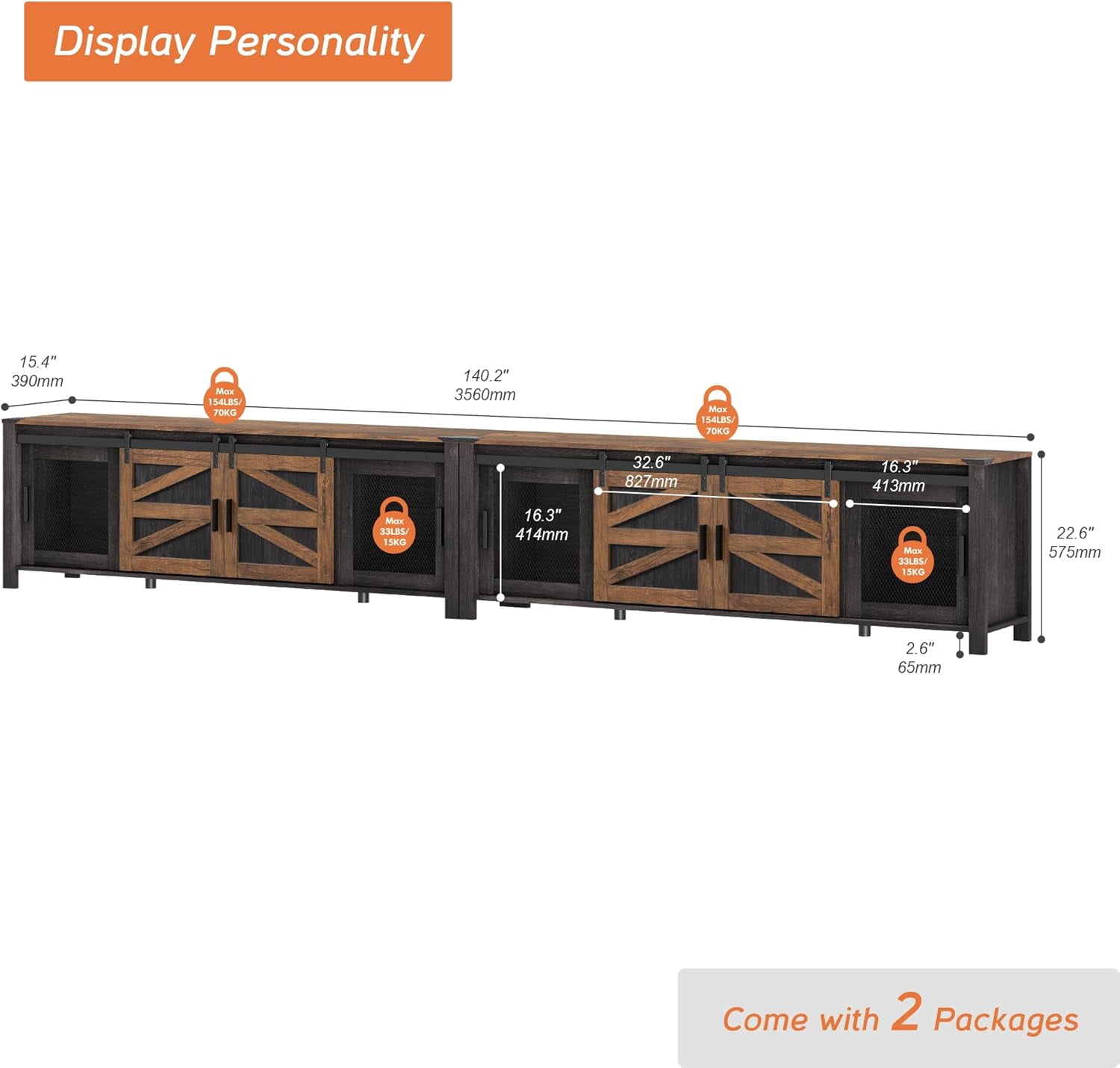 2 in 1 TV Stand with Mesh Doors, Farmhouse Style for 100 Inch TV ...
