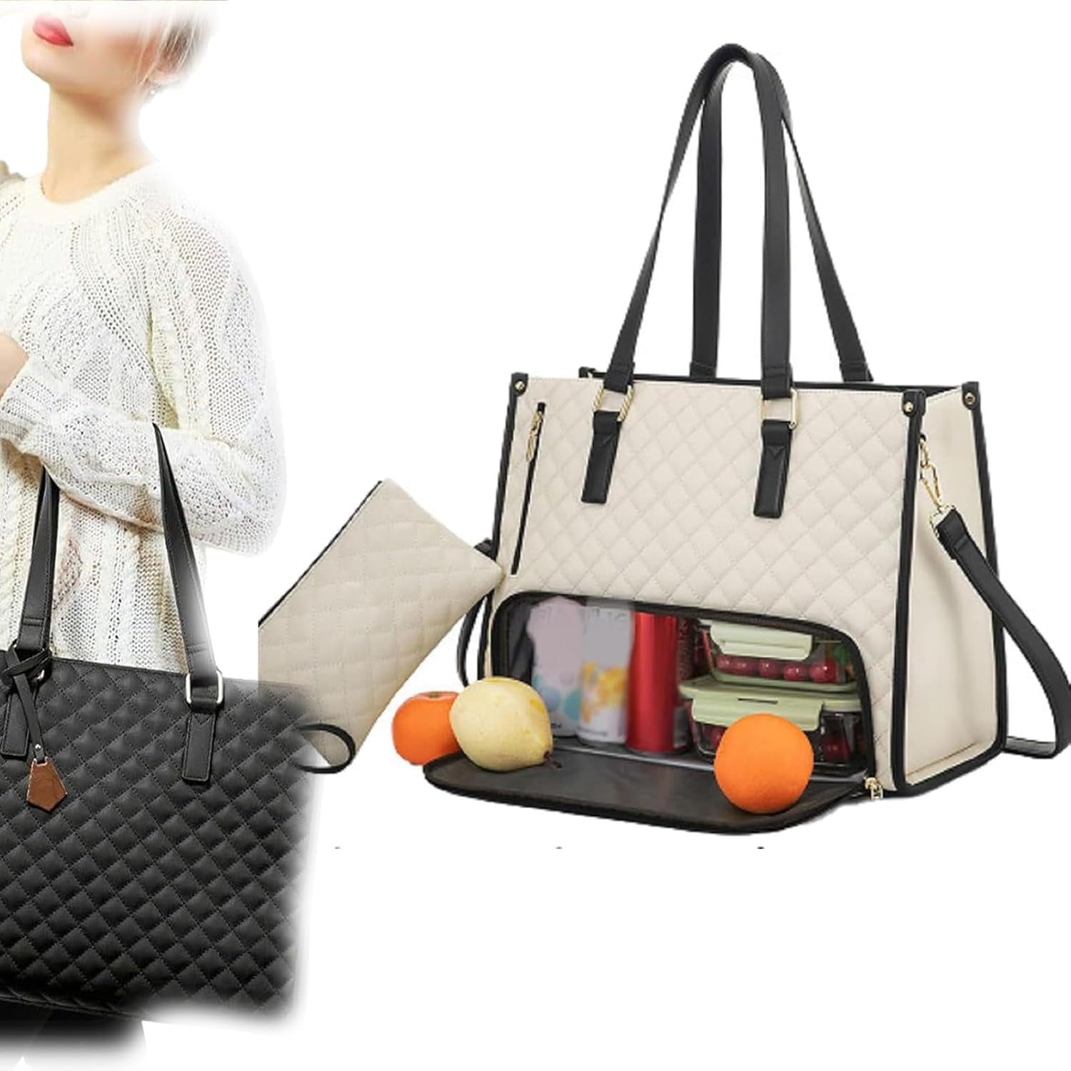 2 in 1 Tote Bag Lunch Bag Combo, 15.6 Inch Tote Bag with Lunch ...