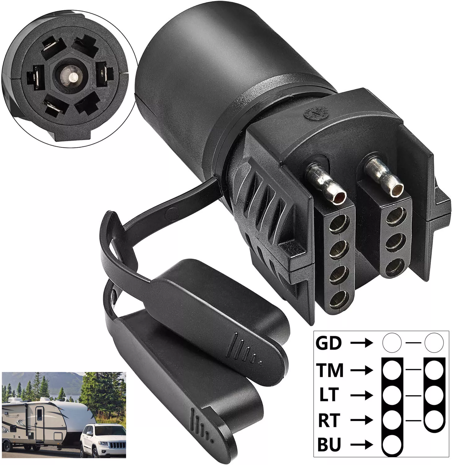 2-in-1 Trailer Plug Adapter 7 Pin Round to 4 and 5 Flat Blade Trailer ...