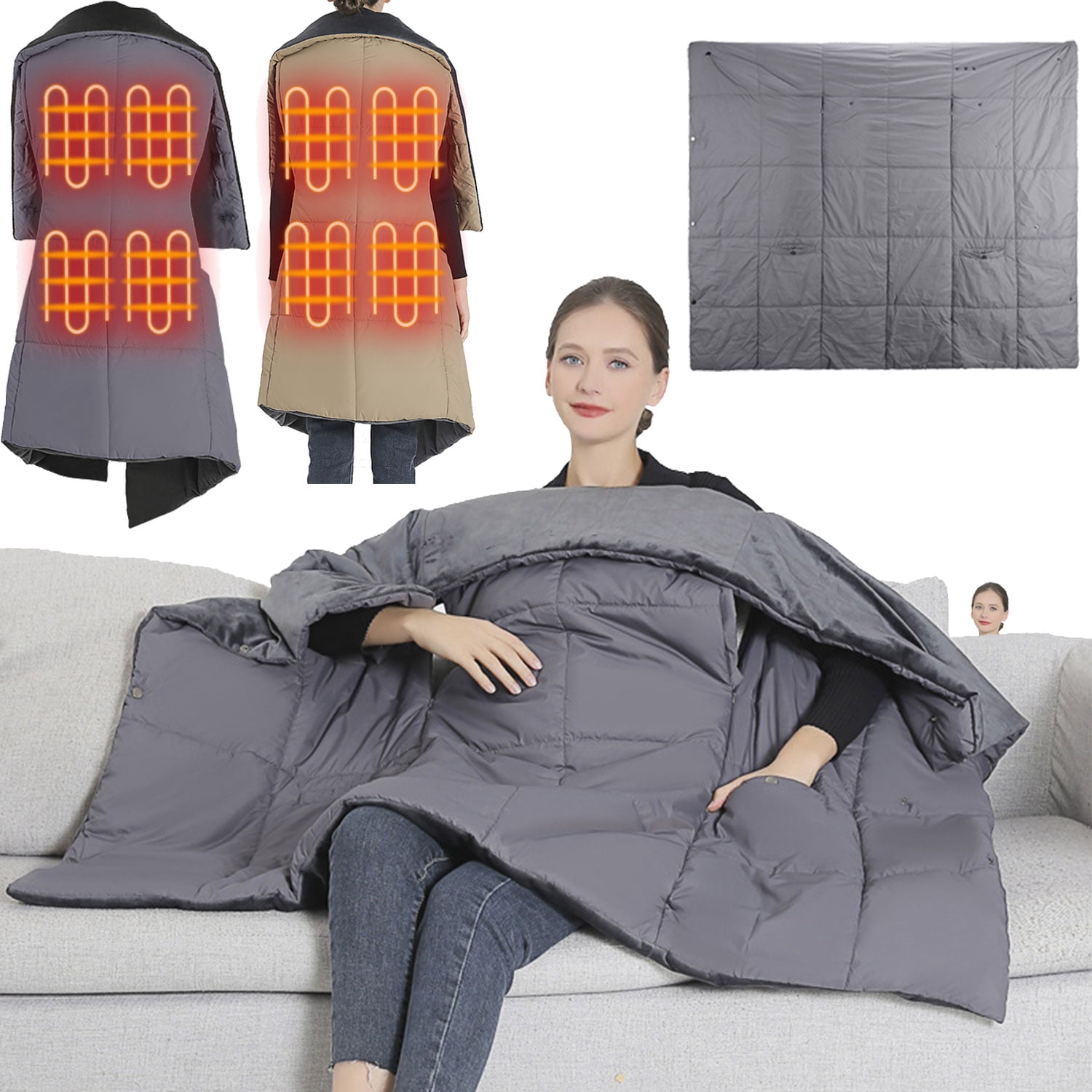 2-in-1 USB Heated Blanket Electric Wearable Poncho Shawl Wrap Throw 3 ...
