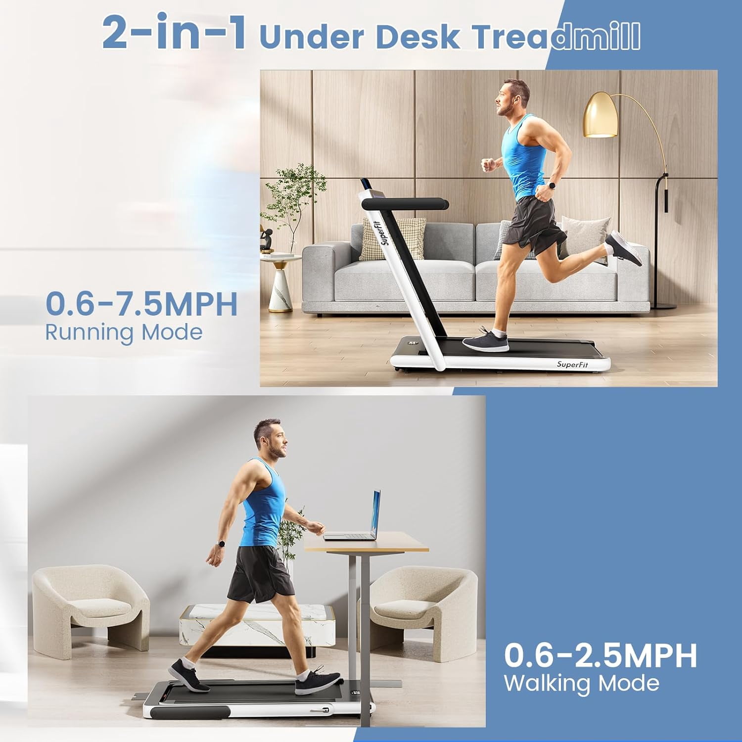 2-in-1 Under Desk Treadmill with Touch Panel, App & Remote Control, 2 ...