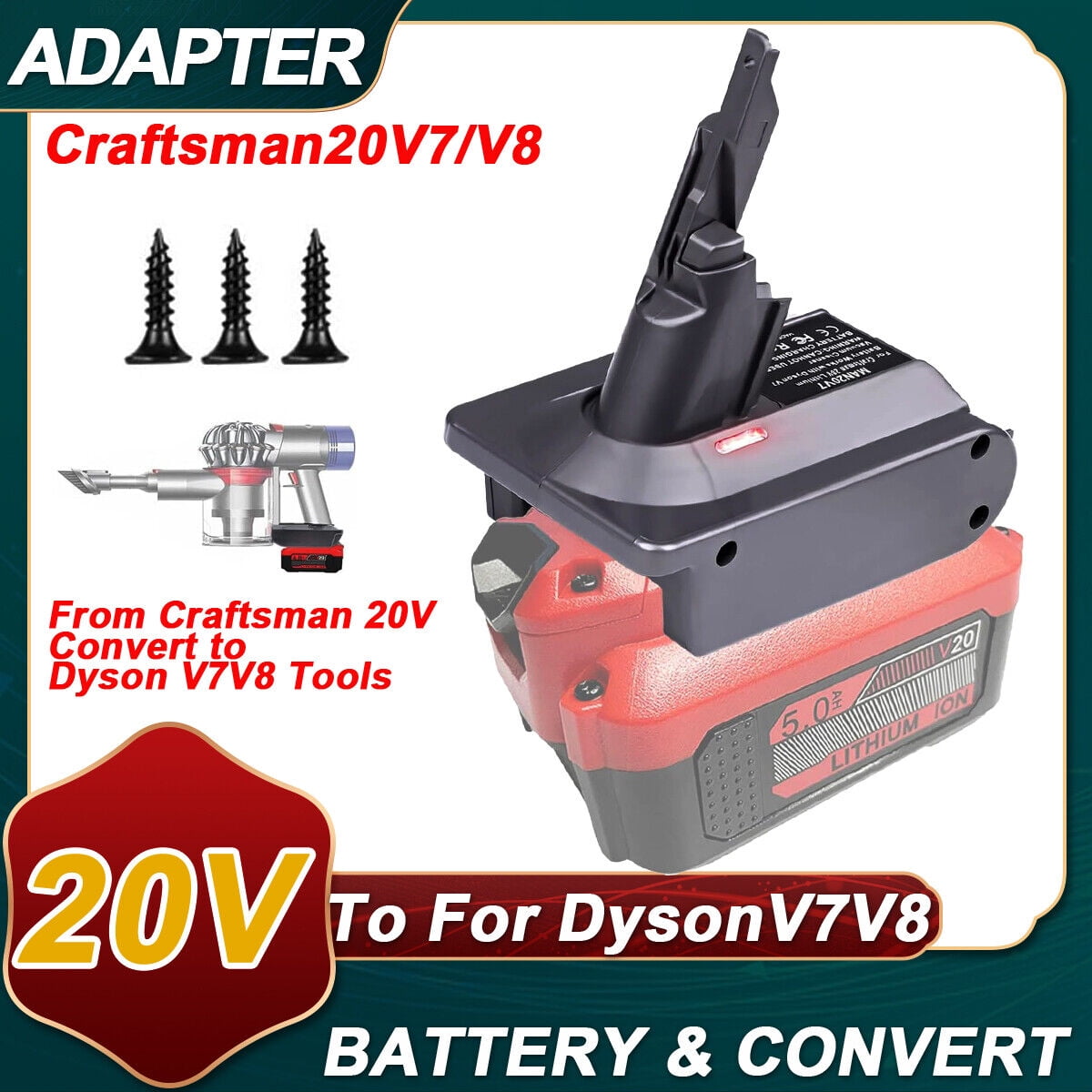 2-in-1 V7 V8 Adapter for Cra_fts_man V20 20V Max Li-ion Battery Convert to Replace for Dy_son V7 ...