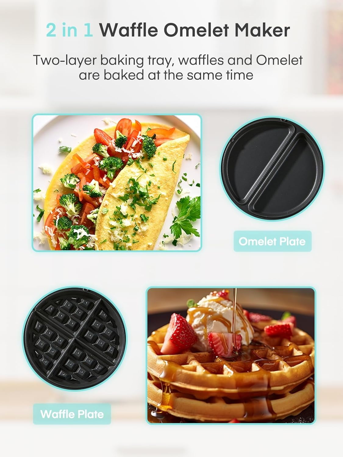 2-in-1 Waffle Maker & Omelette Maker, 1400W Double Belgian Waffle Iron ...