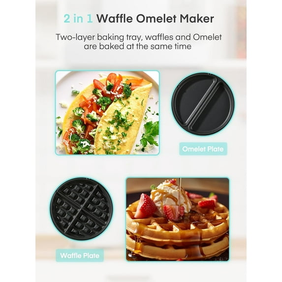 2-in-1 Waffle Maker & Omelette Maker, 1400W Double Belgian Waffle Iron 180° Flip, Adjustable ...