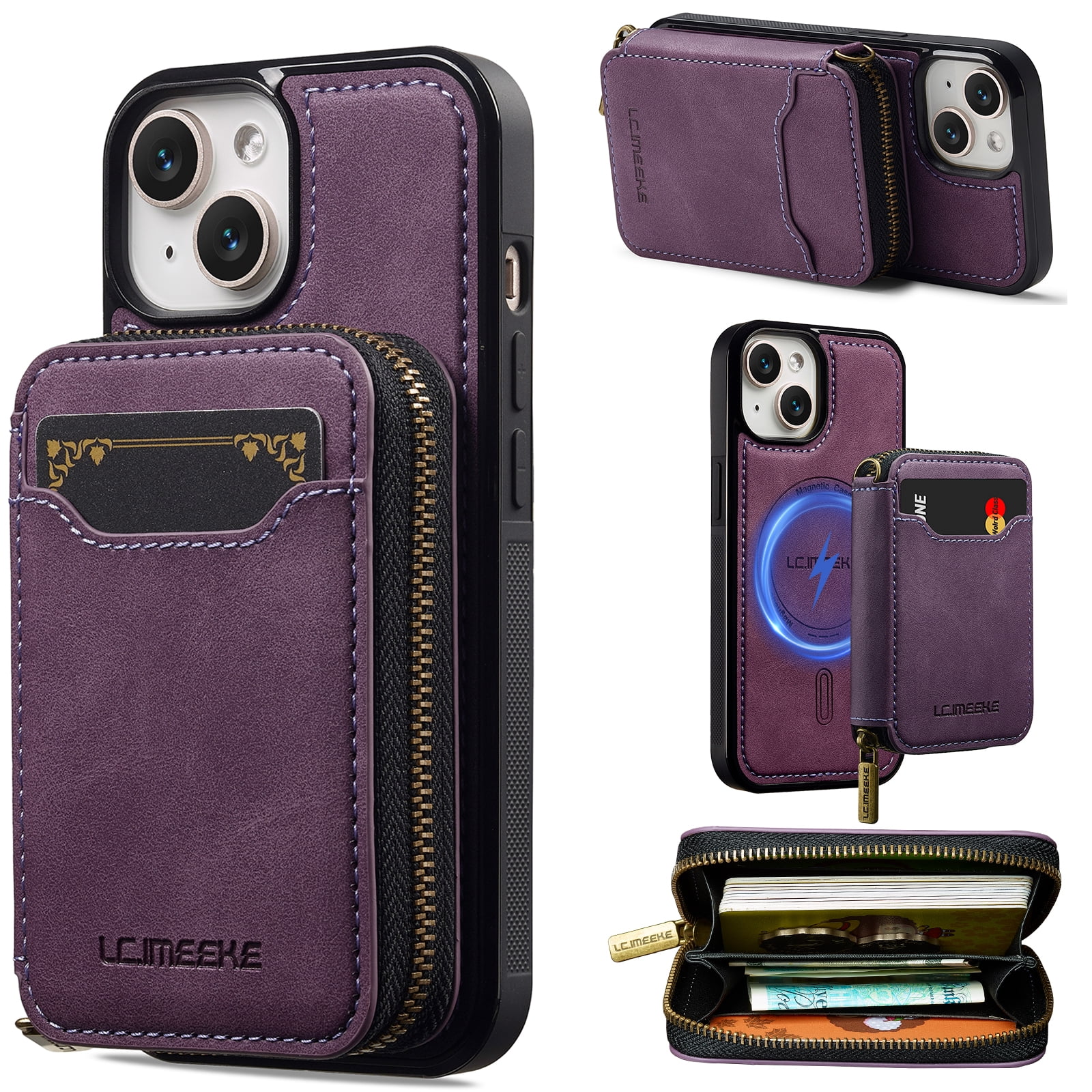 2-in-1 Wallet Case for iPhone 15, PU Leather + TPU Cover with ...