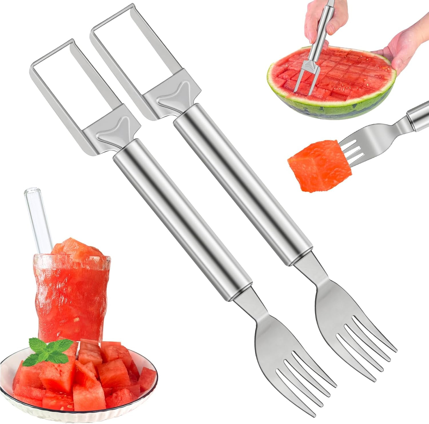 2-in-1 Watermelon Slicer & Fork – 2-Pack Stainless Steel Fruit Cutter ...