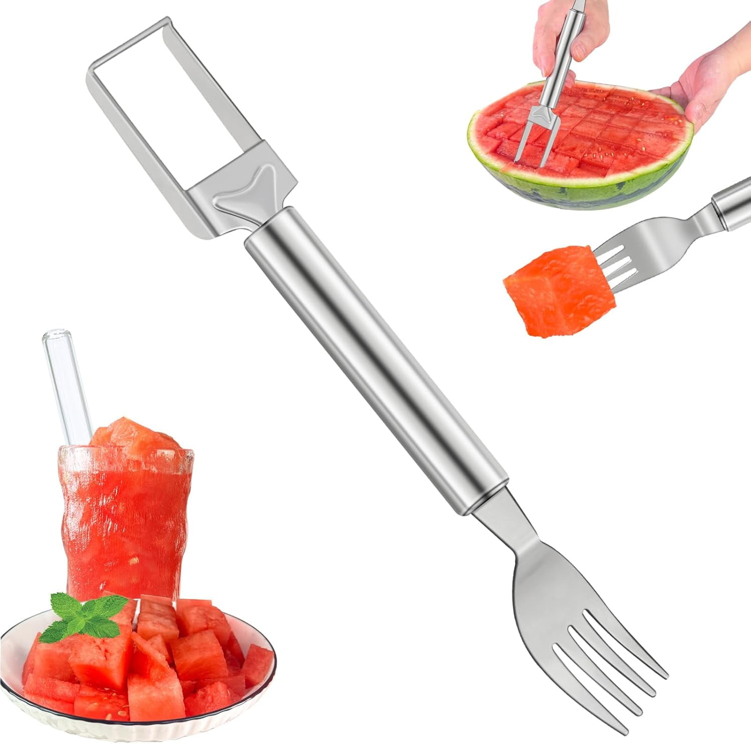 2-in-1 Watermelon Slicer & Fork – Stainless Steel Fruit Cutter Tool for ...