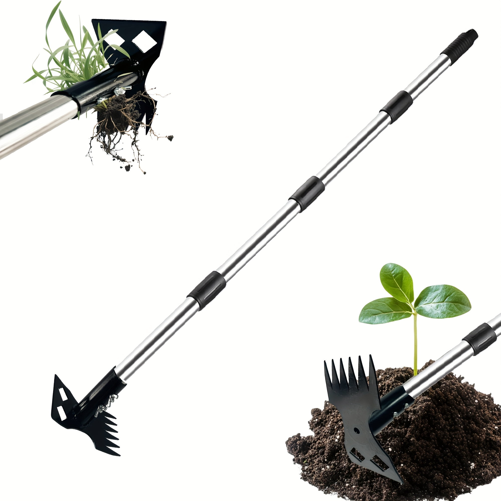 2-in-1 Weed Puller & Garden Hoe Tool - Heavy-Duty Metal Adjustable Long ...