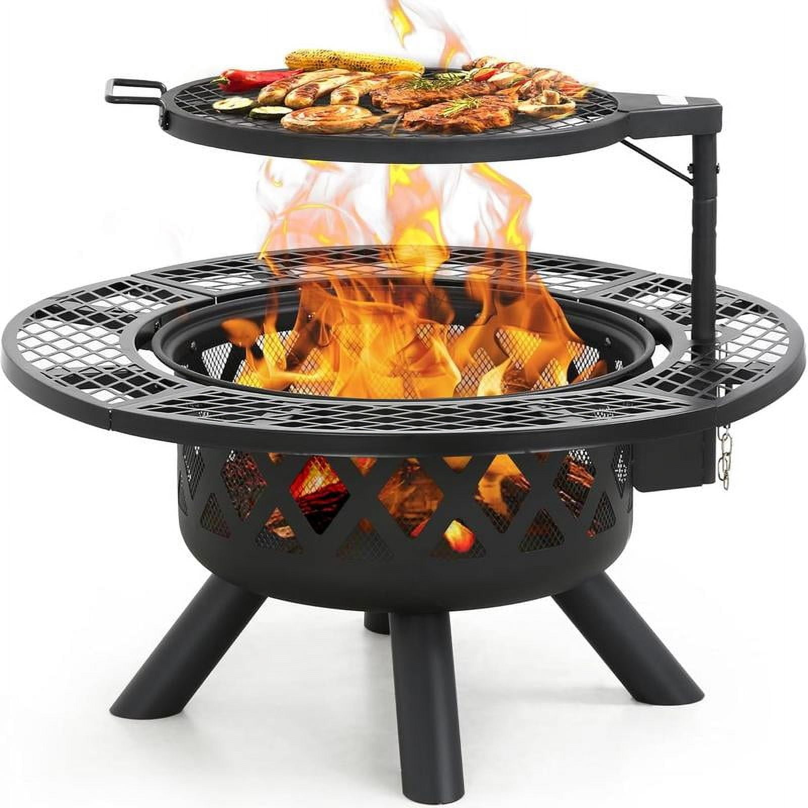 2-in-1 Wood Burning Fire Pit with Removable Cooking Grill, Black ...