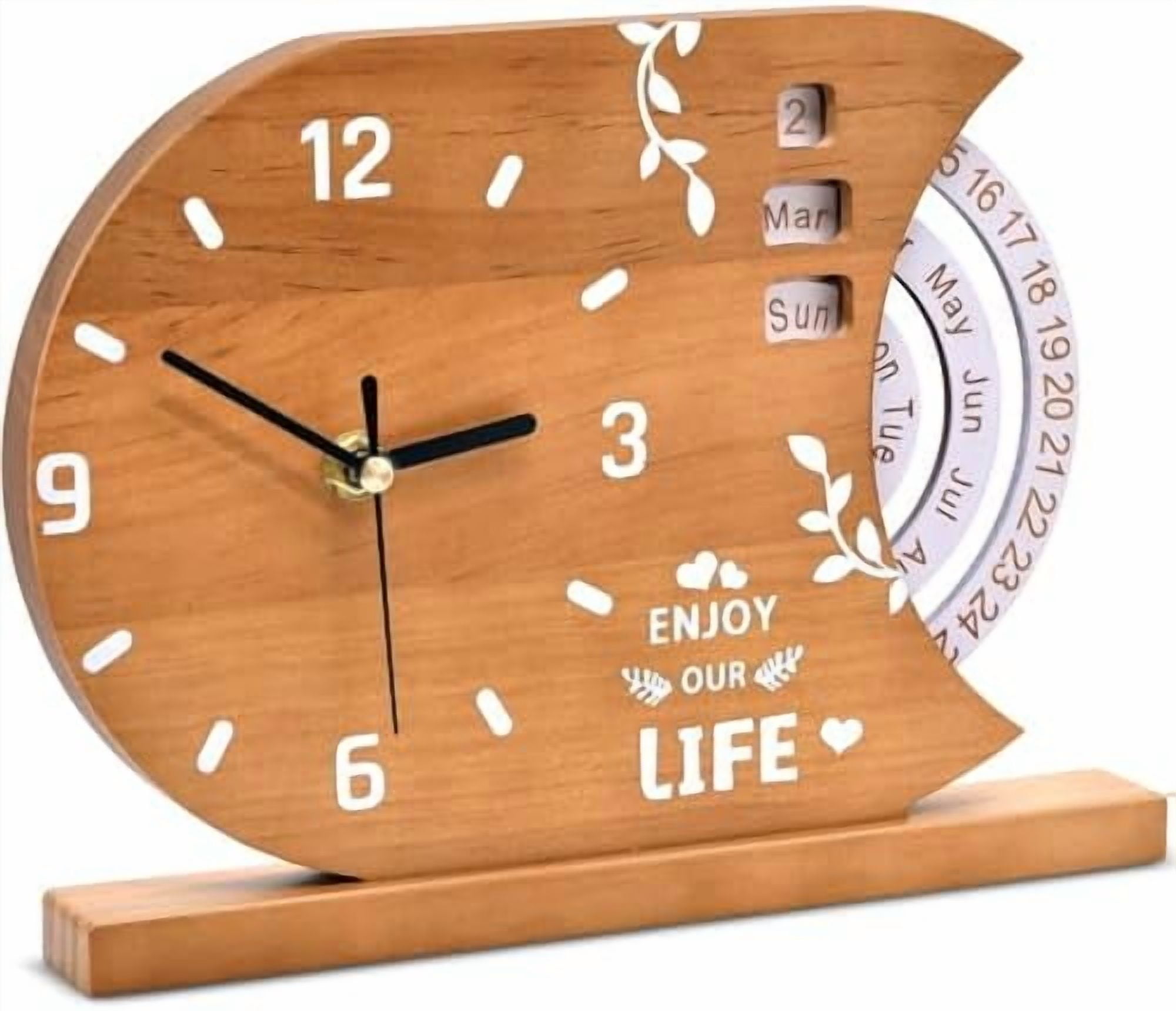 2-in-1 Wooden Analog Clock & Calendar - Silent No Ticking Desk Clocks ...