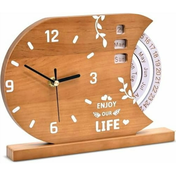 2-in-1 Wooden Analog Clock & Calendar - Silent No Ticking Desk Clocks ...